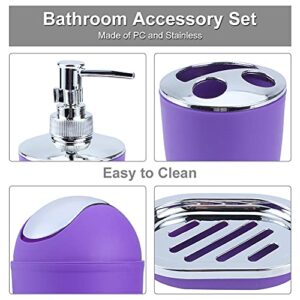 Bathroom Accessories Set, Purple Bathroom Accessories Set, 6Pcs Plastic Bathroom Accessory Set with Tumbler Toothbrush Holder Soap Dispenser Soap Dish Mini Trash Can Toilet Brush with Holder