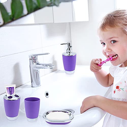 Bathroom Accessories Set, Purple Bathroom Accessories Set, 6Pcs Plastic Bathroom Accessory Set with Tumbler Toothbrush Holder Soap Dispenser Soap Dish Mini Trash Can Toilet Brush with Holder