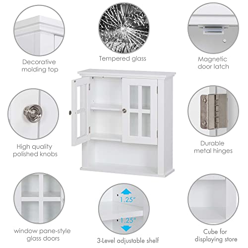 Spirich Home Bathroom Wall Cabinet Over The Toilet, Hanging Wall Mounted Storage Medicine Cabinet with Adjustable Shelf and Double Windowpane Glass Doors, White