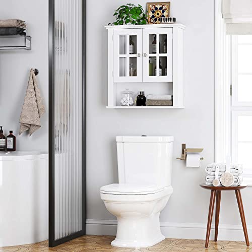 Spirich Home Bathroom Wall Cabinet Over The Toilet, Hanging Wall Mounted Storage Medicine Cabinet with Adjustable Shelf and Double Windowpane Glass Doors, White