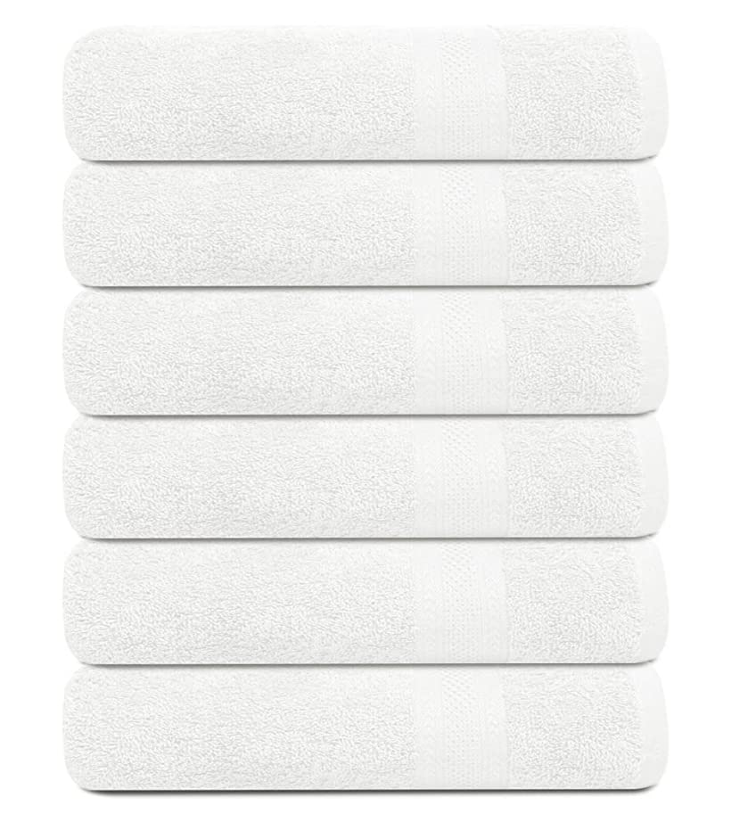 KAHAF COLLECTION 100% Cotton Bath Towel Set, White 24x48 Pack of 6 Towels, Quick Dry, Highly Absorbent, Soft Feel Towel, Gym, Spa, Bathroom, Shower, Pool, Luxury Soft Towels Light-Weight