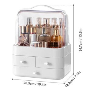 Makeup Organizer, Cosmetics Skincare Organizers Box Waterproof&Dustproof, Make up Organizers and Storage for Vanity with Lid and Drawers, Cosmetic Display Cases for Countertop, Bathroom(White-L)