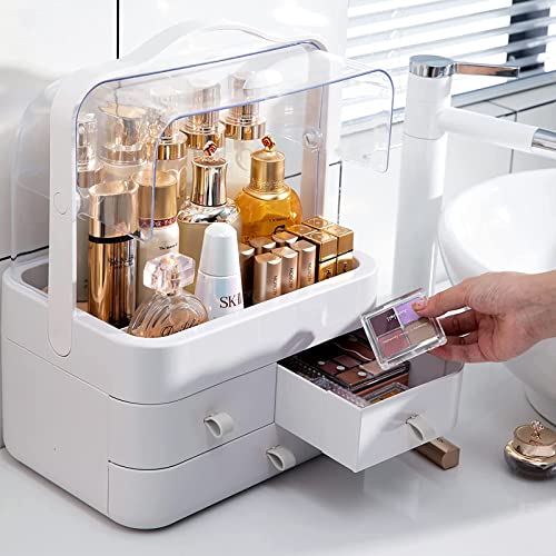 Makeup Organizer, Cosmetics Skincare Organizers Box Waterproof&Dustproof, Make up Organizers and Storage for Vanity with Lid and Drawers, Cosmetic Display Cases for Countertop, Bathroom(White-L)