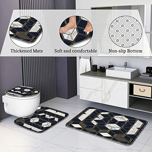 YOKYHOM Bathroom Sets, 4 Piece Geometric Bathroom Shower Curtain Sets with Rugs (Black), Incl 71'' x 71'' Polyester Waterproof Shower Curtain with 12 Hooks, Non Slip Bath Mats and Toilet Lid Oval Rug