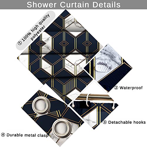 YOKYHOM Bathroom Sets, 4 Piece Geometric Bathroom Shower Curtain Sets with Rugs (Black), Incl 71'' x 71'' Polyester Waterproof Shower Curtain with 12 Hooks, Non Slip Bath Mats and Toilet Lid Oval Rug