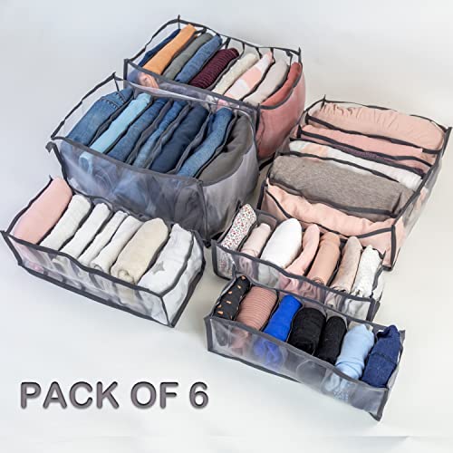 PACKLINER - Pack of 6 Wardrobe Clothes Organizer (Grey) - Foldable Clothes Organizer - An Ideal Washable Drawer Organizers for Clothing Mesh Clothes, Jeans, T-Shirts & Much More