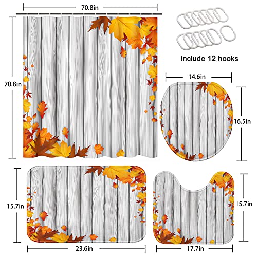 ArtSocket 4 Pcs Shower Curtain Set Autumn Orange Fallen Maple Leaves Fall on The Wood with Non-Slip Rugs Toilet Lid Cover and Bath Mat Bathroom Decor Set 72" x 72"