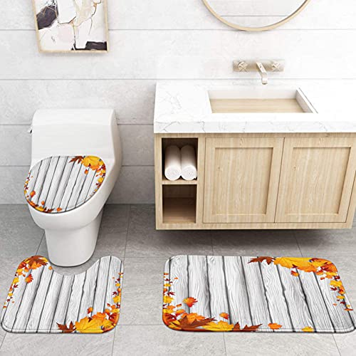 ArtSocket 4 Pcs Shower Curtain Set Autumn Orange Fallen Maple Leaves Fall on The Wood with Non-Slip Rugs Toilet Lid Cover and Bath Mat Bathroom Decor Set 72" x 72"