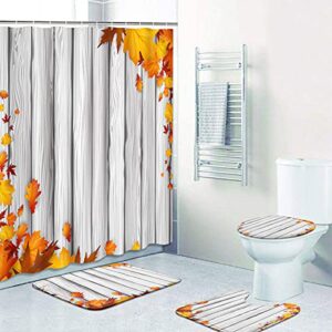 ArtSocket 4 Pcs Shower Curtain Set Autumn Orange Fallen Maple Leaves Fall on The Wood with Non-Slip Rugs Toilet Lid Cover and Bath Mat Bathroom Decor Set 72" x 72"