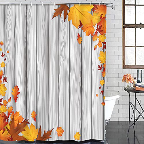 ArtSocket 4 Pcs Shower Curtain Set Autumn Orange Fallen Maple Leaves Fall on The Wood with Non-Slip Rugs Toilet Lid Cover and Bath Mat Bathroom Decor Set 72" x 72"