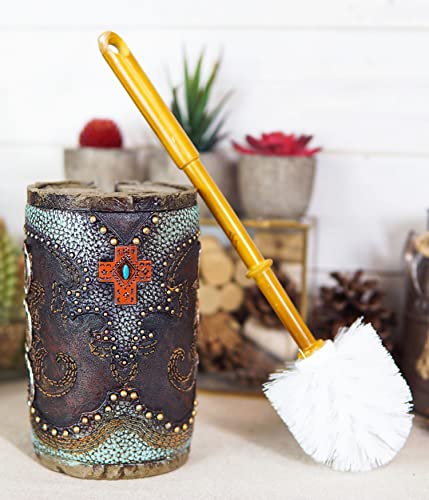 Ebros Gift Rustic Vintage Western Turquoise Faux Tooled Leather Triple Horseshoes and Cross Cowboy Toilet Bowl Cleaner Brush and Base Holder Set Bathroom Vanity Powder Room Office Accessory