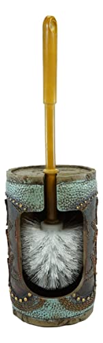 Ebros Gift Rustic Vintage Western Turquoise Faux Tooled Leather Triple Horseshoes and Cross Cowboy Toilet Bowl Cleaner Brush and Base Holder Set Bathroom Vanity Powder Room Office Accessory