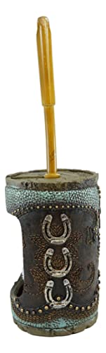 Ebros Gift Rustic Vintage Western Turquoise Faux Tooled Leather Triple Horseshoes and Cross Cowboy Toilet Bowl Cleaner Brush and Base Holder Set Bathroom Vanity Powder Room Office Accessory