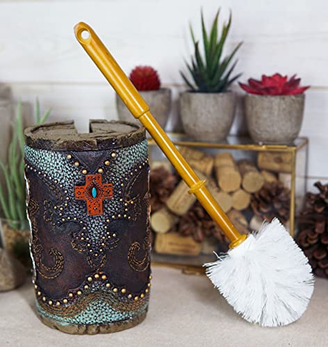 Ebros Gift Rustic Vintage Western Turquoise Faux Tooled Leather Triple Horseshoes and Cross Cowboy Toilet Bowl Cleaner Brush and Base Holder Set Bathroom Vanity Powder Room Office Accessory