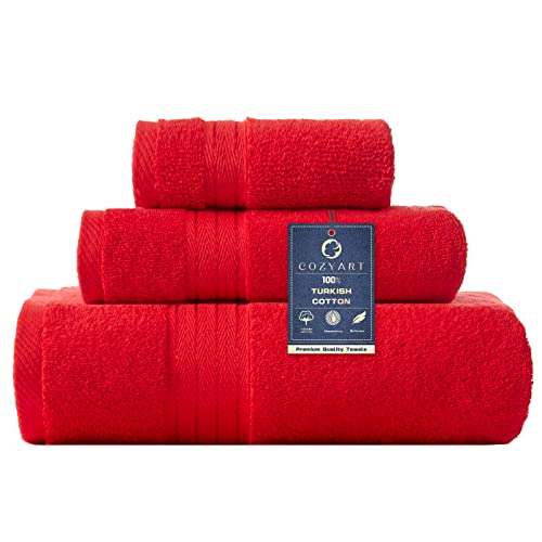 COZYART Luxury Red Bath Towels Set, Turkish Cotton Hotel Large Bath Towels for Bathroom, Thick Bathroom Towels Set of 3 with 1 Bath Towel, 1 Hand Towel, 1 Washcloth, 650 GSM…