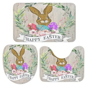 royalours happy easter bath sets 3 piece rugs bunny easter eggs floral wreath mats non slip water absorbent u-shaped contour toilet mat eggs spring flower lid cover（ed-easter-1）