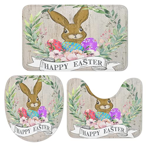 Royalours Happy Easter Bath Sets 3 Piece Rugs Bunny Easter Eggs Floral Wreath Mats Non Slip Water Absorbent U-Shaped Contour Toilet Mat Eggs Spring Flower Lid Cover（ED-Easter-1）