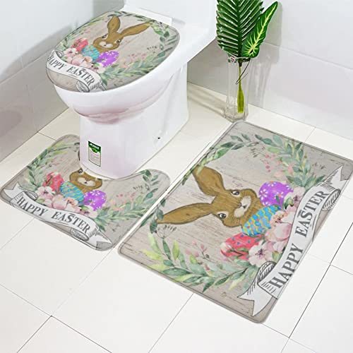 Royalours Happy Easter Bath Sets 3 Piece Rugs Bunny Easter Eggs Floral Wreath Mats Non Slip Water Absorbent U-Shaped Contour Toilet Mat Eggs Spring Flower Lid Cover（ED-Easter-1）