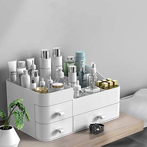 Bemgue Makeup Organizer for Vanity, Large Capacity Desk Organizer with Drawers for Cosmetics, Lipsticks, Jewelry, Nail Care, Skincare, Ideal for Bedroom and Bathroom Countertops - White