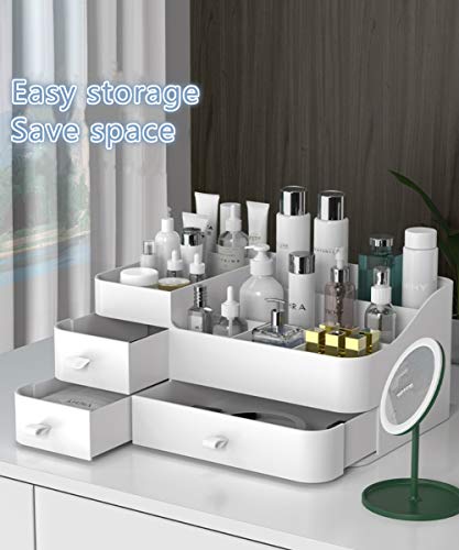 Bemgue Makeup Organizer for Vanity, Large Capacity Desk Organizer with Drawers for Cosmetics, Lipsticks, Jewelry, Nail Care, Skincare, Ideal for Bedroom and Bathroom Countertops - White