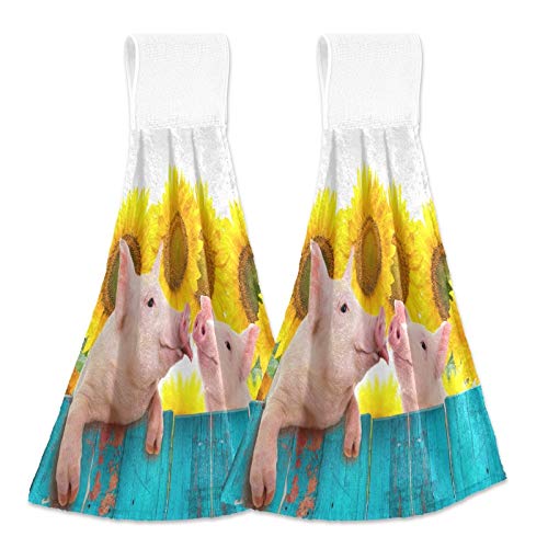 Funny Pig Sunflower Hanging Kitchen Towels Autumn Blue Board Hand Towel 2PCS Dish Cloth Tie Towel Absorbent Oven Stove Washcloth with Loop for Bathroom Home Decorative