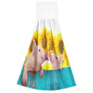 Funny Pig Sunflower Hanging Kitchen Towels Autumn Blue Board Hand Towel 2PCS Dish Cloth Tie Towel Absorbent Oven Stove Washcloth with Loop for Bathroom Home Decorative