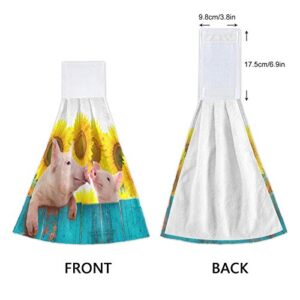 Funny Pig Sunflower Hanging Kitchen Towels Autumn Blue Board Hand Towel 2PCS Dish Cloth Tie Towel Absorbent Oven Stove Washcloth with Loop for Bathroom Home Decorative