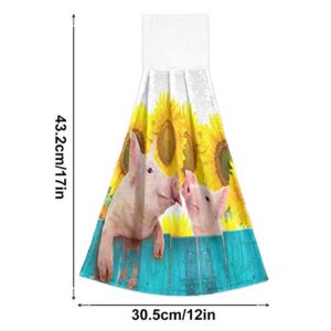 Funny Pig Sunflower Hanging Kitchen Towels Autumn Blue Board Hand Towel 2PCS Dish Cloth Tie Towel Absorbent Oven Stove Washcloth with Loop for Bathroom Home Decorative