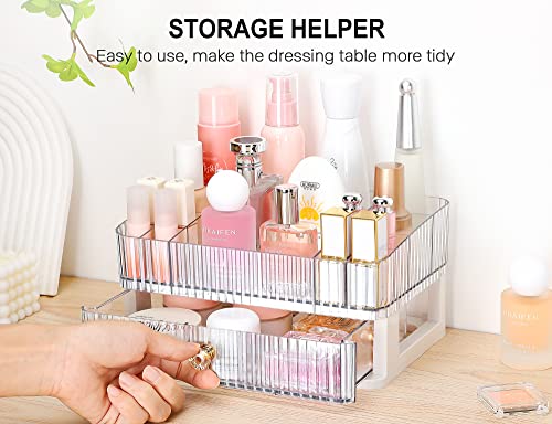 GORET Acrylic Makeup Organizer, Large Capacity Makeup Storage with Drawer for Vanity Bathroom Countertop Perfume Lipstick Brushes Skincare Eyeshadow