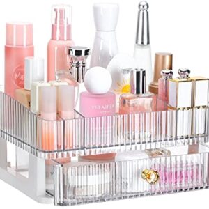 GORET Acrylic Makeup Organizer, Large Capacity Makeup Storage with Drawer for Vanity Bathroom Countertop Perfume Lipstick Brushes Skincare Eyeshadow