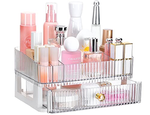 GORET Acrylic Makeup Organizer, Large Capacity Makeup Storage with Drawer for Vanity Bathroom Countertop Perfume Lipstick Brushes Skincare Eyeshadow