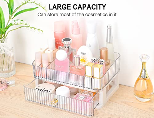 GORET Acrylic Makeup Organizer, Large Capacity Makeup Storage with Drawer for Vanity Bathroom Countertop Perfume Lipstick Brushes Skincare Eyeshadow