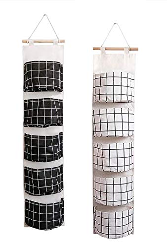 BobbyStory 2 Pcs Wall Hanging Storage Bags - 5 Pockets, Over The Door Organizer, Waterproof Basket Door Organizer for Bedroom Bathroom (Black+White) Without Hook