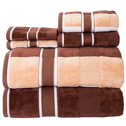 6-Piece - Oakville Beige-Striped 100% Cotton Velour Set With 2 Bath Towels, 2 Hand Towels, and 2 Washcloths by Lavish Home