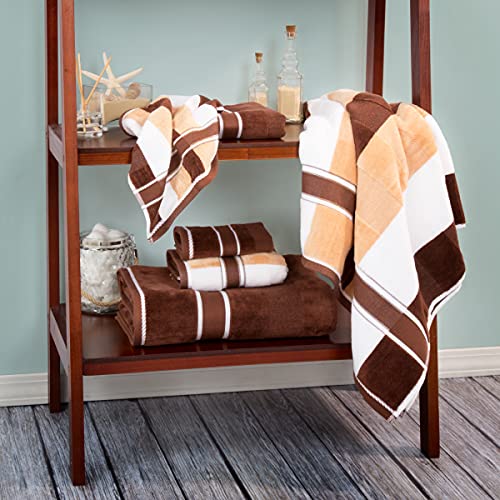 6-Piece - Oakville Beige-Striped 100% Cotton Velour Set With 2 Bath Towels, 2 Hand Towels, and 2 Washcloths by Lavish Home