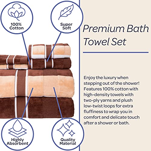 6-Piece - Oakville Beige-Striped 100% Cotton Velour Set With 2 Bath Towels, 2 Hand Towels, and 2 Washcloths by Lavish Home