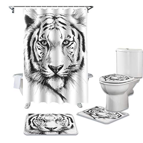 Big buy store 4 Pcs Shower Curtain Sets White Tiger Waterproof Fabic Bathroom Set with Non-Slip Rugs Toilet Lid Cover Bath Mat Wild Animals Shower Curtain with Hooks -72x72 inch Small