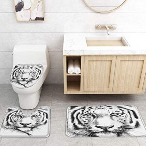 Big buy store 4 Pcs Shower Curtain Sets White Tiger Waterproof Fabic Bathroom Set with Non-Slip Rugs Toilet Lid Cover Bath Mat Wild Animals Shower Curtain with Hooks -72x72 inch Small