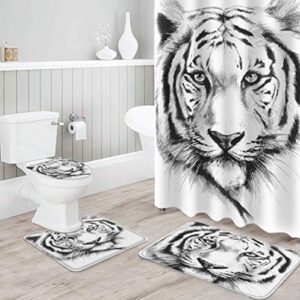 Big buy store 4 Pcs Shower Curtain Sets White Tiger Waterproof Fabic Bathroom Set with Non-Slip Rugs Toilet Lid Cover Bath Mat Wild Animals Shower Curtain with Hooks -72x72 inch Small