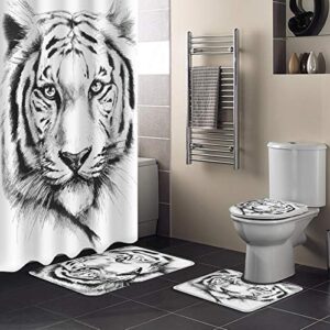 Big buy store 4 Pcs Shower Curtain Sets White Tiger Waterproof Fabic Bathroom Set with Non-Slip Rugs Toilet Lid Cover Bath Mat Wild Animals Shower Curtain with Hooks -72x72 inch Small