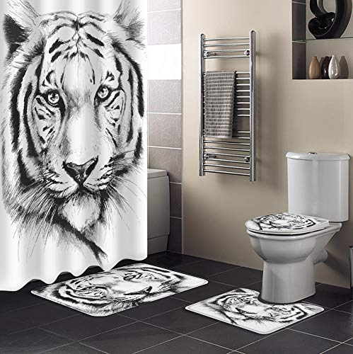 Big buy store 4 Pcs Shower Curtain Sets White Tiger Waterproof Fabic Bathroom Set with Non-Slip Rugs Toilet Lid Cover Bath Mat Wild Animals Shower Curtain with Hooks -72x72 inch Small