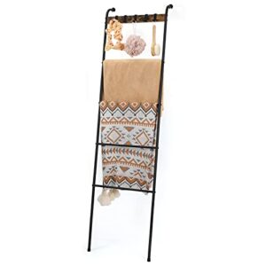 blanket ladder towel ladder for the living room wall-leaning quilt ladder with 5 removable hooks farmhouse decorative bathroom blanket ladder black towel rack for laundry room outdoor pool，black