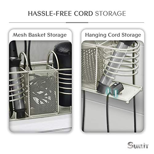 Sunlit 3 in 1 Wall Mount/Countertop/Over Cabinet Door Metal Wire Hair Product & Styling Tool Organizer Storage Basket Holder for Hair Dryer, Brushes, Flat Iron, Curling Wand, Hair Straightener