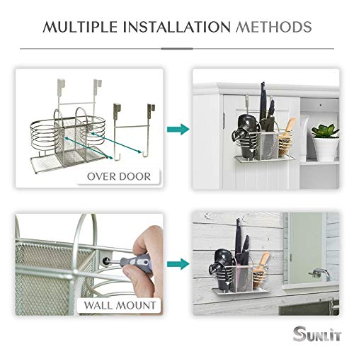 Sunlit 3 in 1 Wall Mount/Countertop/Over Cabinet Door Metal Wire Hair Product & Styling Tool Organizer Storage Basket Holder for Hair Dryer, Brushes, Flat Iron, Curling Wand, Hair Straightener