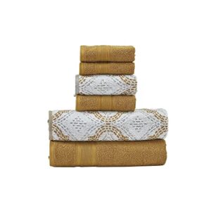 modern threads capri 6-piece reversible yarn dyed jacquard towel set - bath towels, hand towels, & washcloths - super absorbent & quick dry - 100% combed cotton, gold