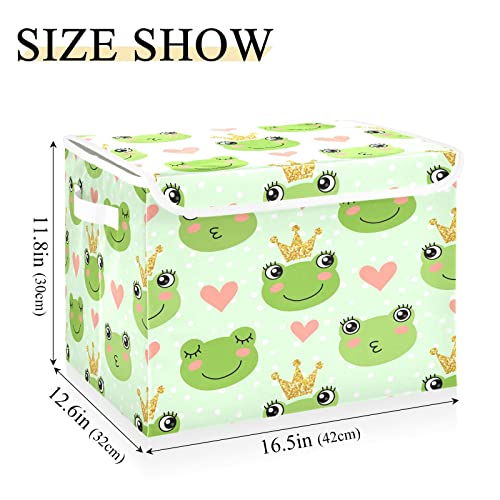 Krafig Cartoon Funny Animal Frog Foldable Storage Box Large Cube Organizer Bins Containers Baskets with Lids Handles for Closet Organization, Shelves, Clothes, Toys