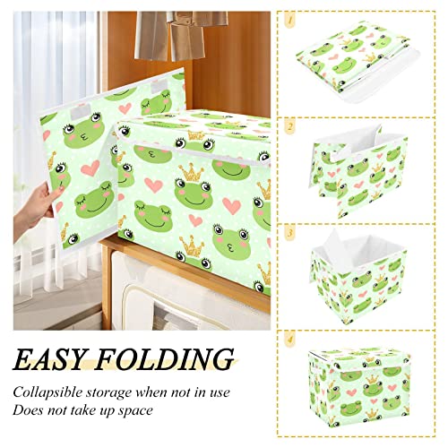 Krafig Cartoon Funny Animal Frog Foldable Storage Box Large Cube Organizer Bins Containers Baskets with Lids Handles for Closet Organization, Shelves, Clothes, Toys