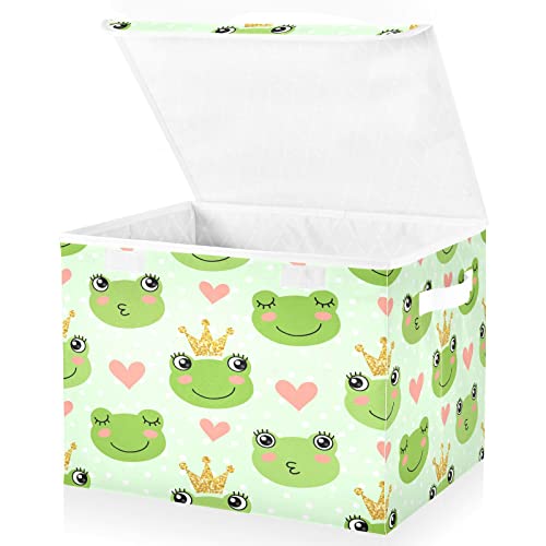 Krafig Cartoon Funny Animal Frog Foldable Storage Box Large Cube Organizer Bins Containers Baskets with Lids Handles for Closet Organization, Shelves, Clothes, Toys