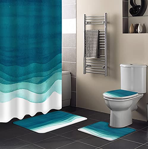 4 Pcs Shower Curtain Set with 12 Hooks Watercolor Teal and White Gradient Bathroom Sets with Non-Slip Bath Mat Toilet Lid Cover Waterproof Durable Shower Curtain and Rugs