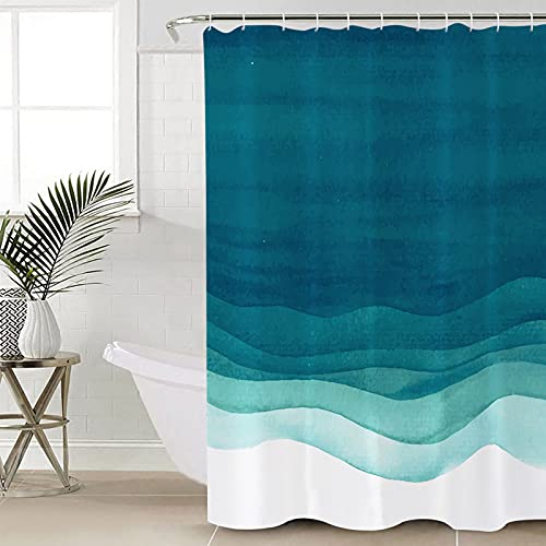 4 Pcs Shower Curtain Set with 12 Hooks Watercolor Teal and White Gradient Bathroom Sets with Non-Slip Bath Mat Toilet Lid Cover Waterproof Durable Shower Curtain and Rugs